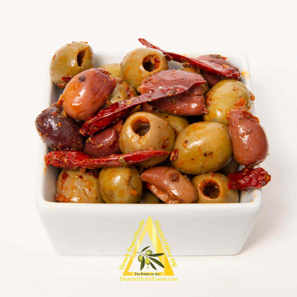 Spicy Pitted Mix Chili Infused Olives (16oz container) - Dimitri Extra ...